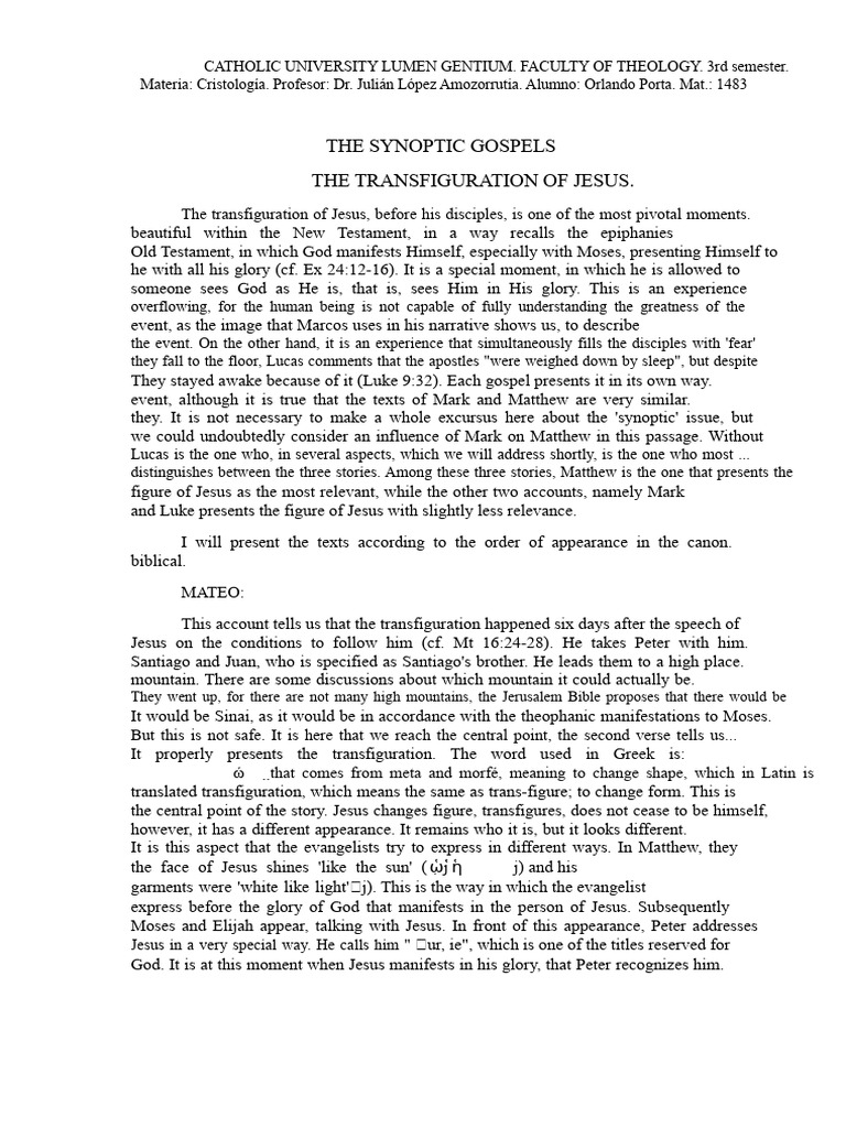 The Synoptic Gospels The Transfiguration | PDF | Jesus | Gospel Of Mark