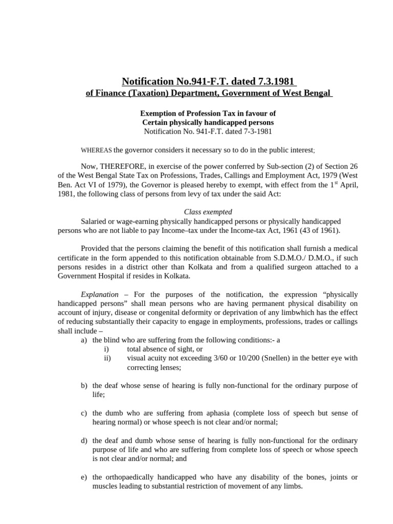Exemption of P.tax For Handicapped - Revenue | PDF | Disability | Taxes