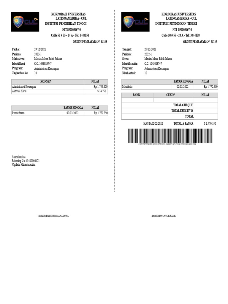Bukti Pembayaran Cul | PDF