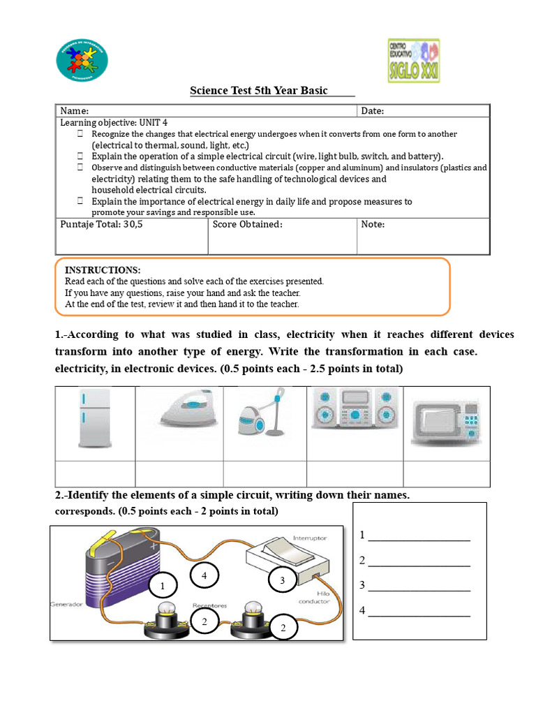 Evaluation of Natural Sciences Fifth Year Basic Electricity | PDF ...