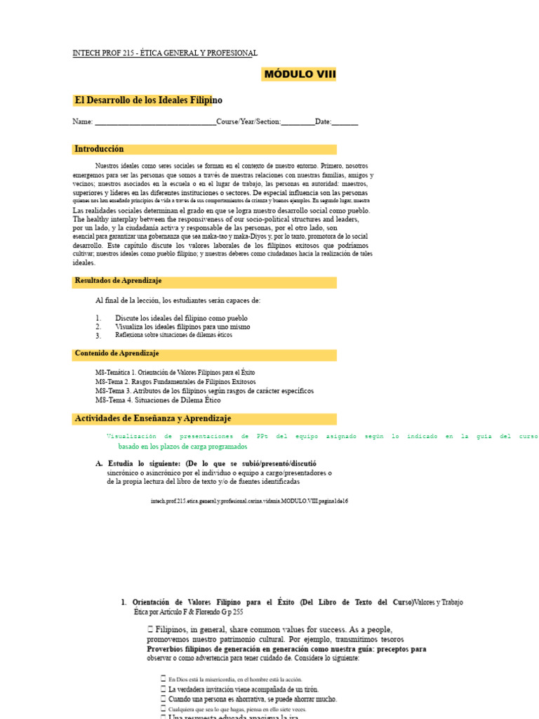 Módulo 8 - El Desarrollo de Los Ideales Filipinos | PDF
