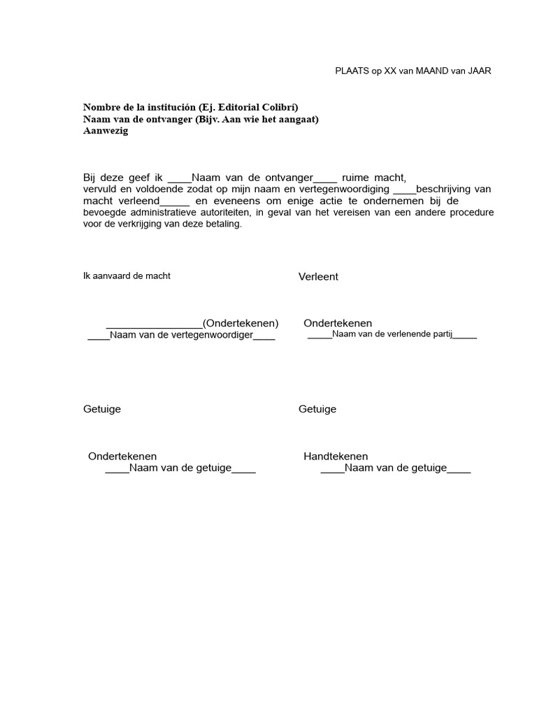Format Van Gebruik Van Machtigingsbrief Om Geld Te Incasseren | PDF