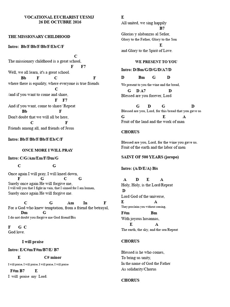 Eucharist Missionary Childhood (Songs With Notes) | PDF | Religious ...