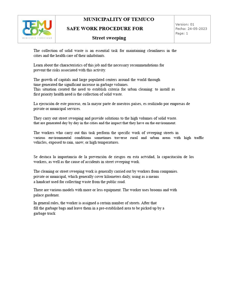 Safe Street Sweeping Procedures Guide | PDF | Occupational Safety And ...