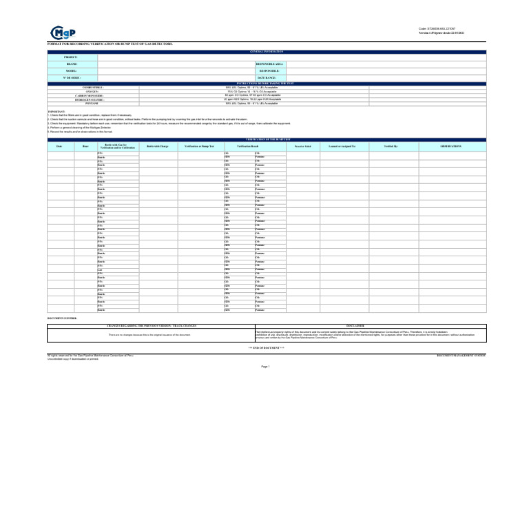 Gas Detector Bump Test Verification Form | PDF | Chemical Process ...