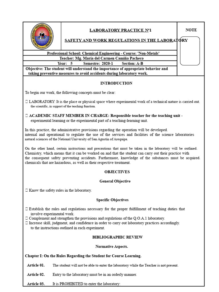 PRACTICE N 1. - Safety and Work Regulations in The Lab | PDF ...