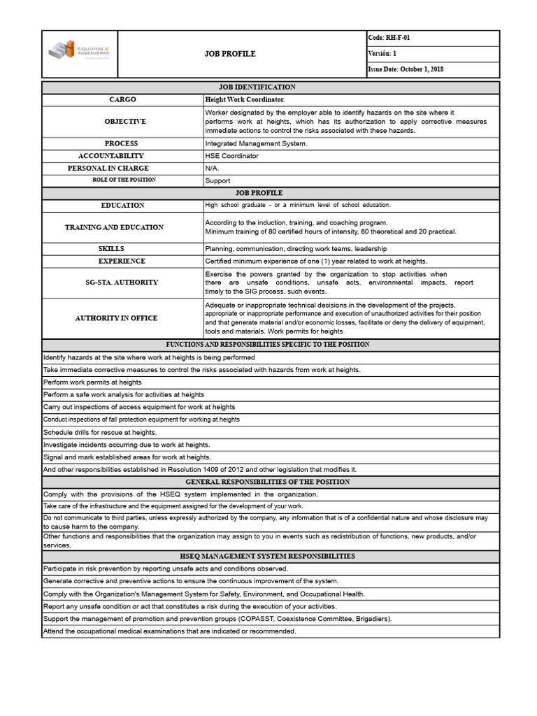 RH F 01 Job Profile Coordinator of Work at Heights | PDF | Occupational ...