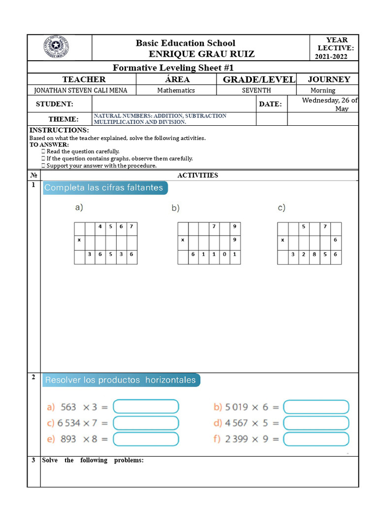 Leveling Sheets - WEEK 3 - SEVENTH - Mathematics | PDF | Numbers | Elementary Mathematics
