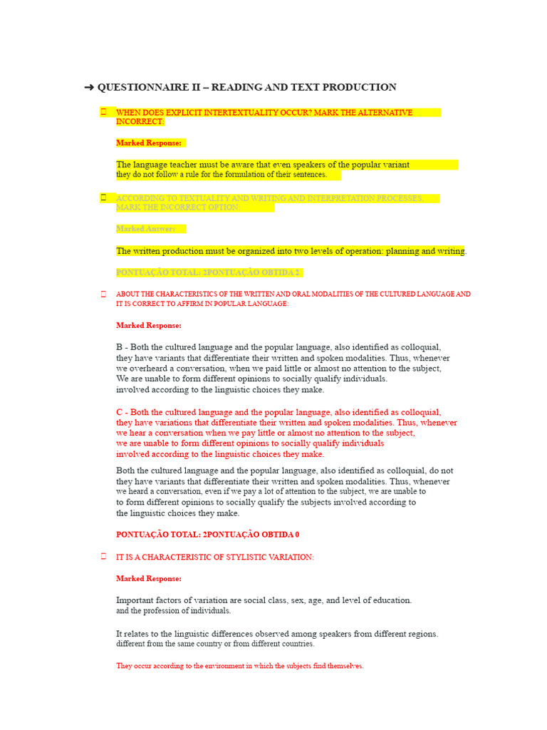 Questionnaire II - Reading and Text Production | PDF | Linguistics ...