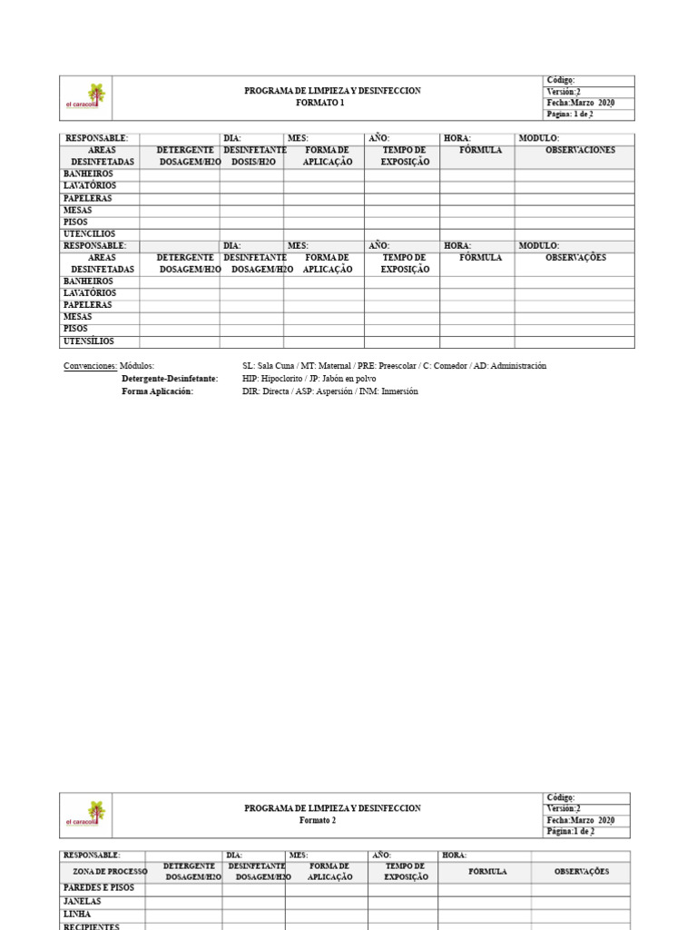 Programa de Limpieza y Desinfección | PDF | Productos de limpieza ...