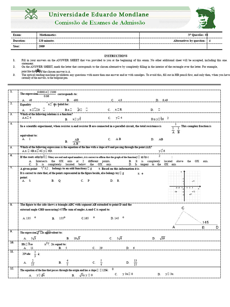 Admission Exam UEM Mathematics 2009 | PDF | Function (Mathematics) | Mathematics