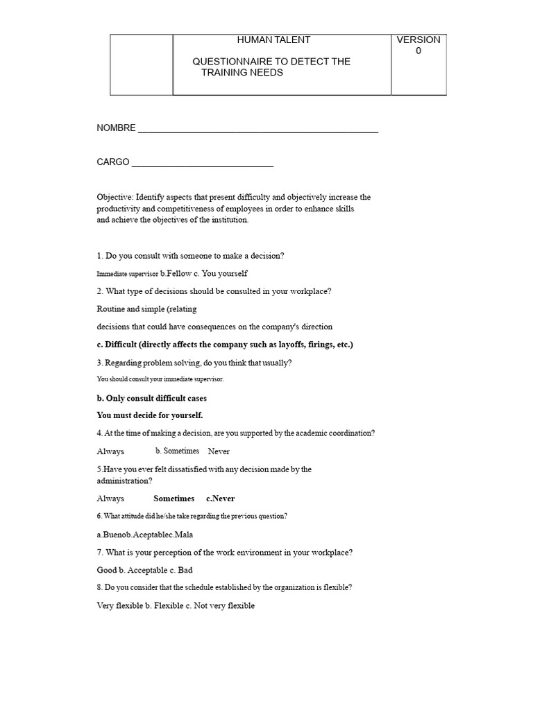 Training Needs Assessment Questionnaire | PDF | Cognition ...