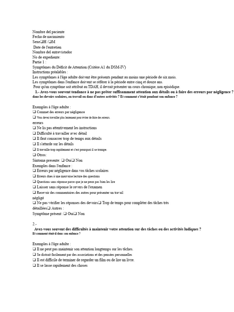 Évaluation des Symptômes du TDAH | PDF