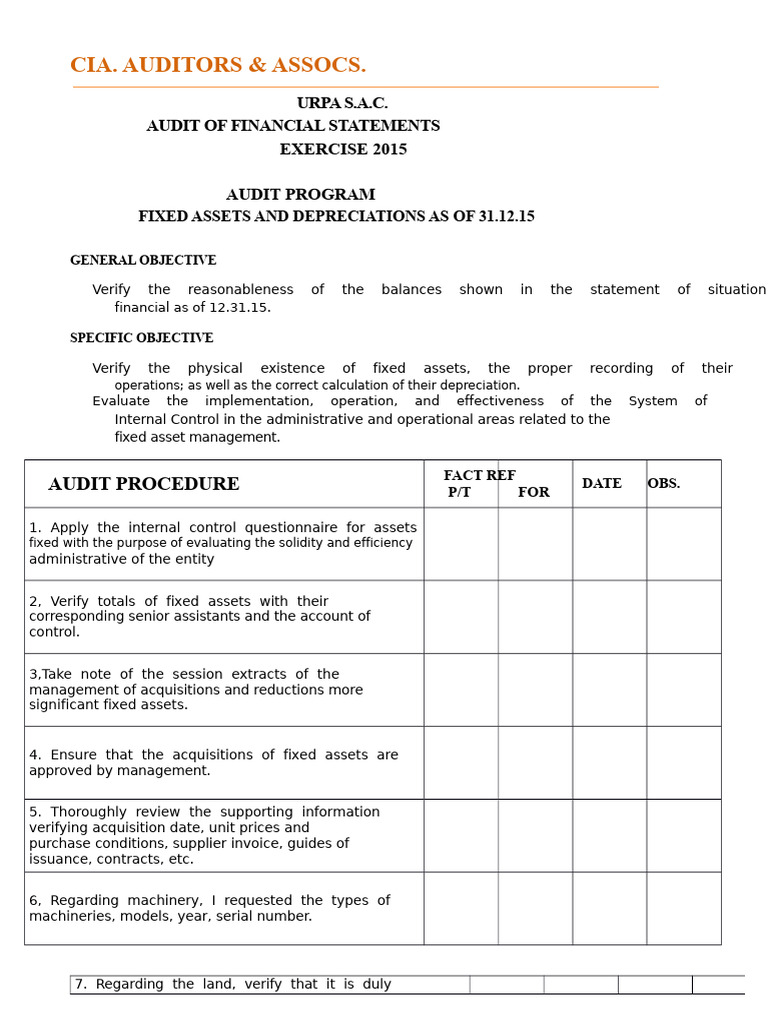 2015 Fixed Assets Audit Program | PDF | Audit | Internal Control