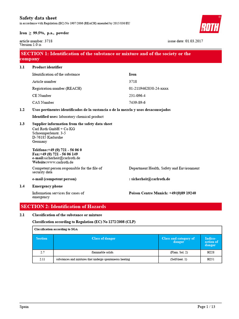 Iron Powder Safety Data Sheet | PDF | Dangerous Goods | Toxicity