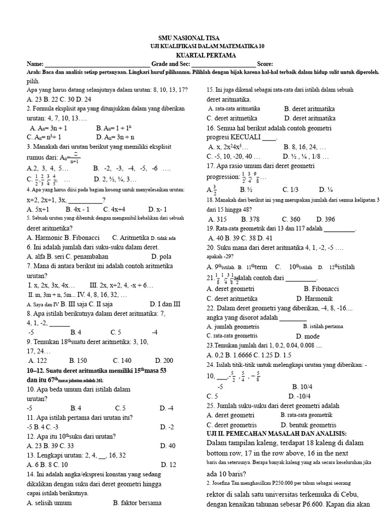 Ujian Matematika SMU TISA Kuartal 1 | PDF