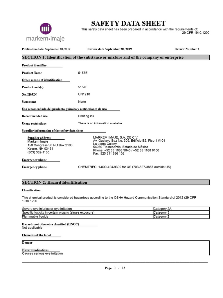 Safety Data Sheet for 5157E Ink | PDF | Toxicity | Firefighting