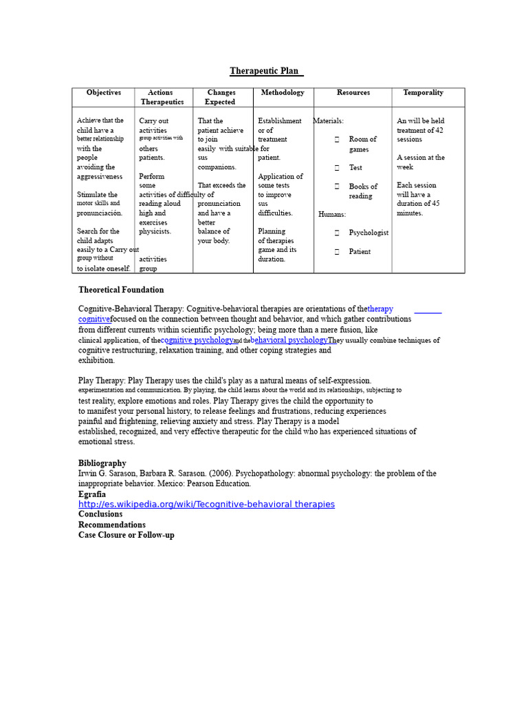 Therapeutic Plan | PDF | Psychotherapy | Play Therapy