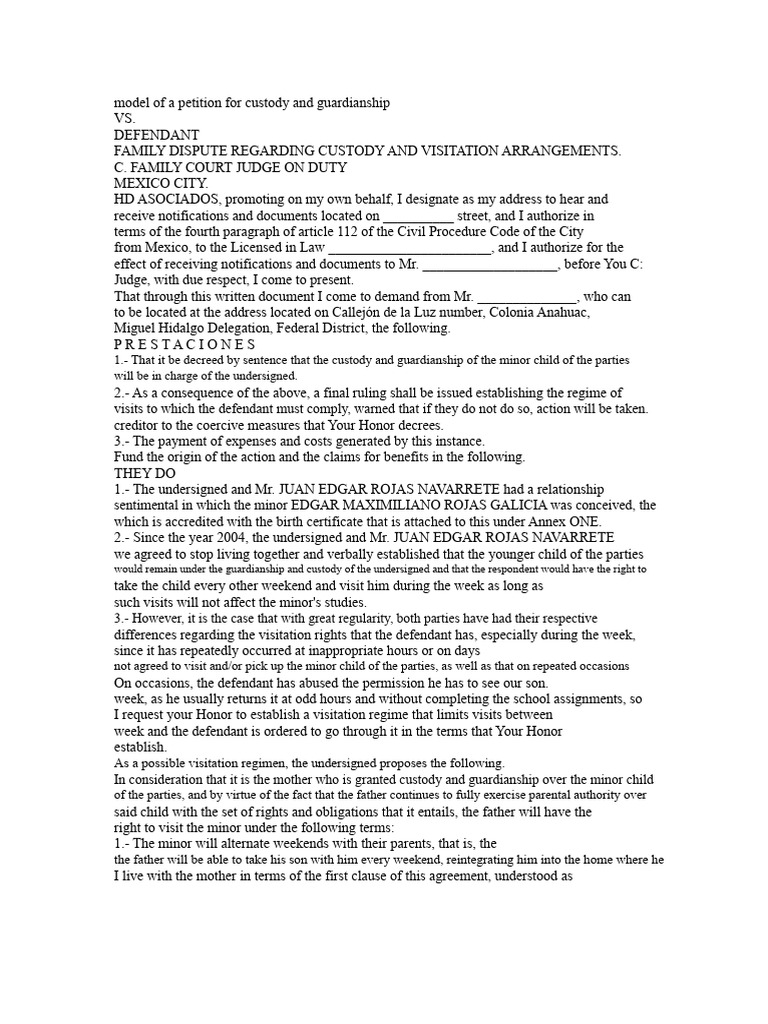 Model of A Petition For Custody and Guardianship | PDF | Child Custody ...
