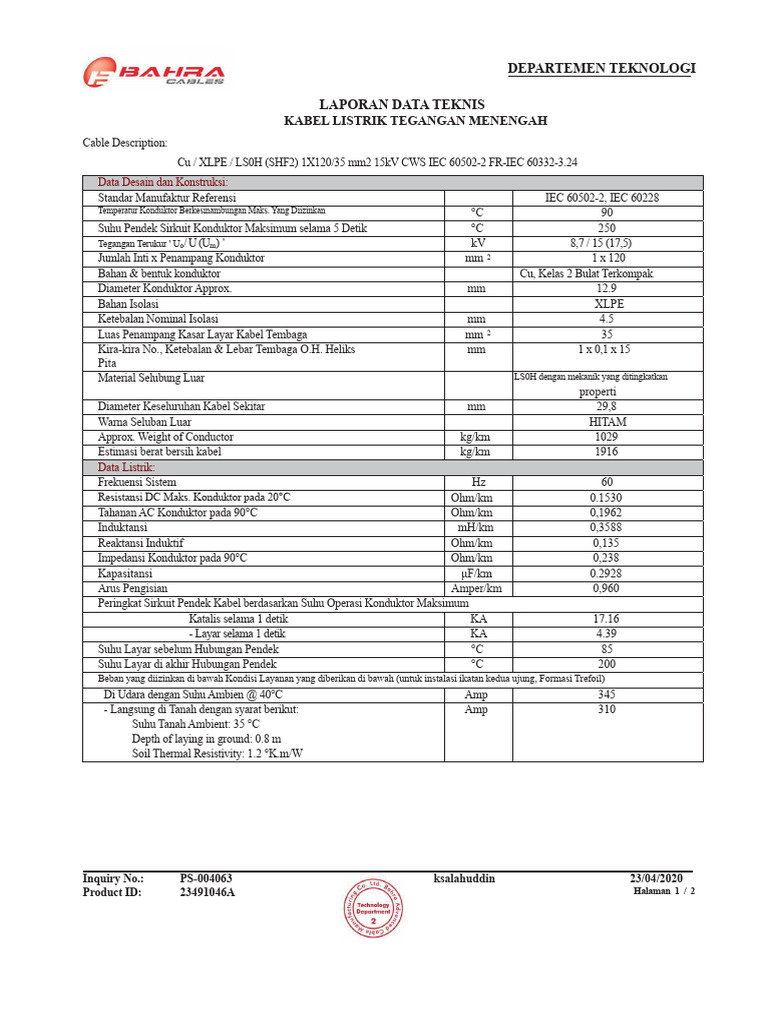 Pengajuan Teknis Untuk Data Sheet Kabel MV | PDF