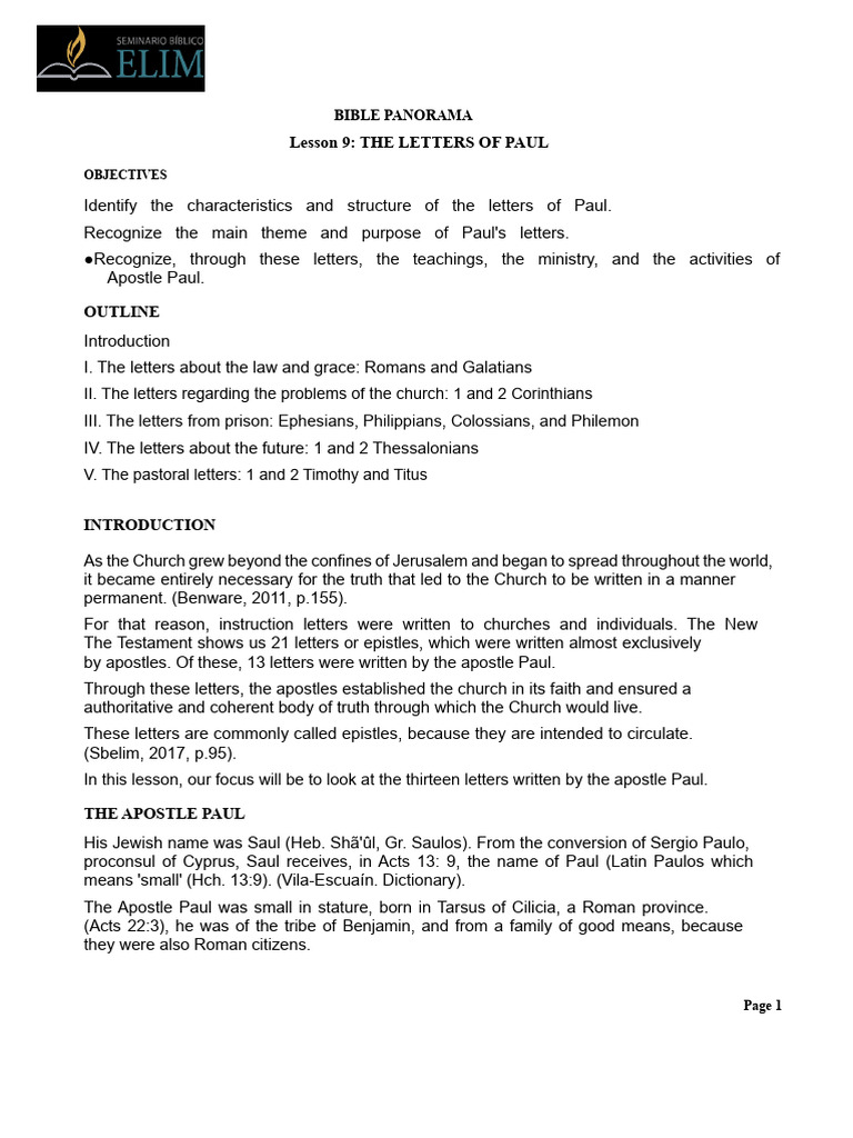 Lesson 9 THE LETTERS OF PAUL (1) | PDF | Paul The Apostle | Epistle To ...