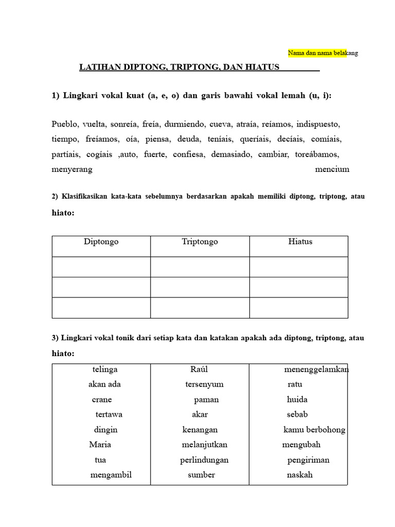 Latihan Diptong, Triptong, dan Hiatus | PDF