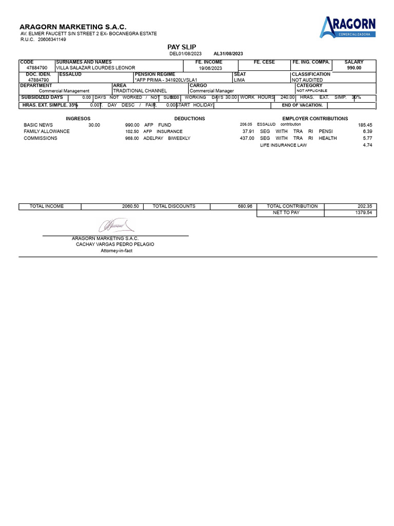 Aragorn Marketing S.A.C.: Pay Slip | PDF | Employee Relations | Working ...