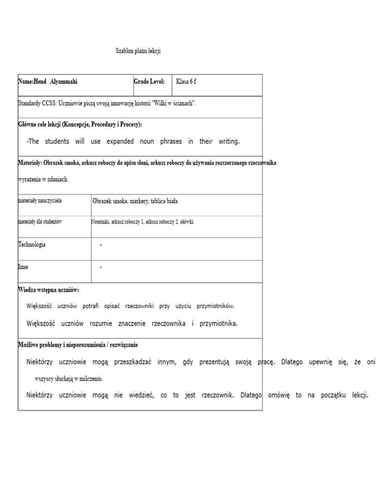 Plan Lekcji Rozszerzona Fraza Rzeczownikowa | PDF
