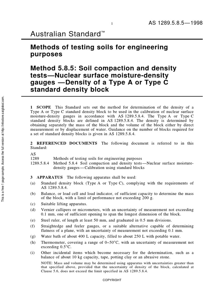 As 1289.5.8.5-1998 Methods of Testing Soils For Engineering Purposes ...