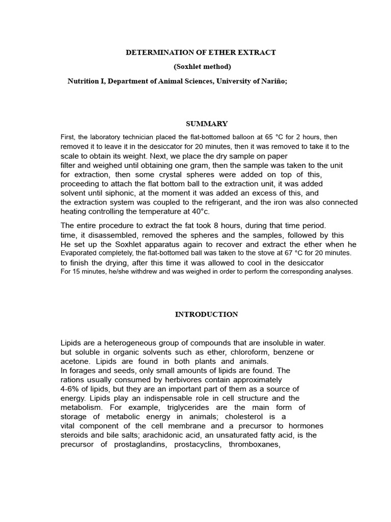 Ether Extract Analysis via Soxhlet Method | PDF | Lipid | Fatty Acid