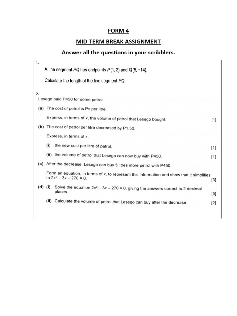Form 4 Midterm Break Assignment | PDF