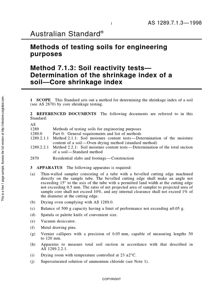 As 1289.7.1.3-1998 Methods of Testing Soil For Engineering Purposes ...
