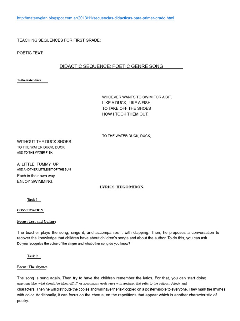 Didactic Sequences for First Grade | PDF | Poetry | Songs