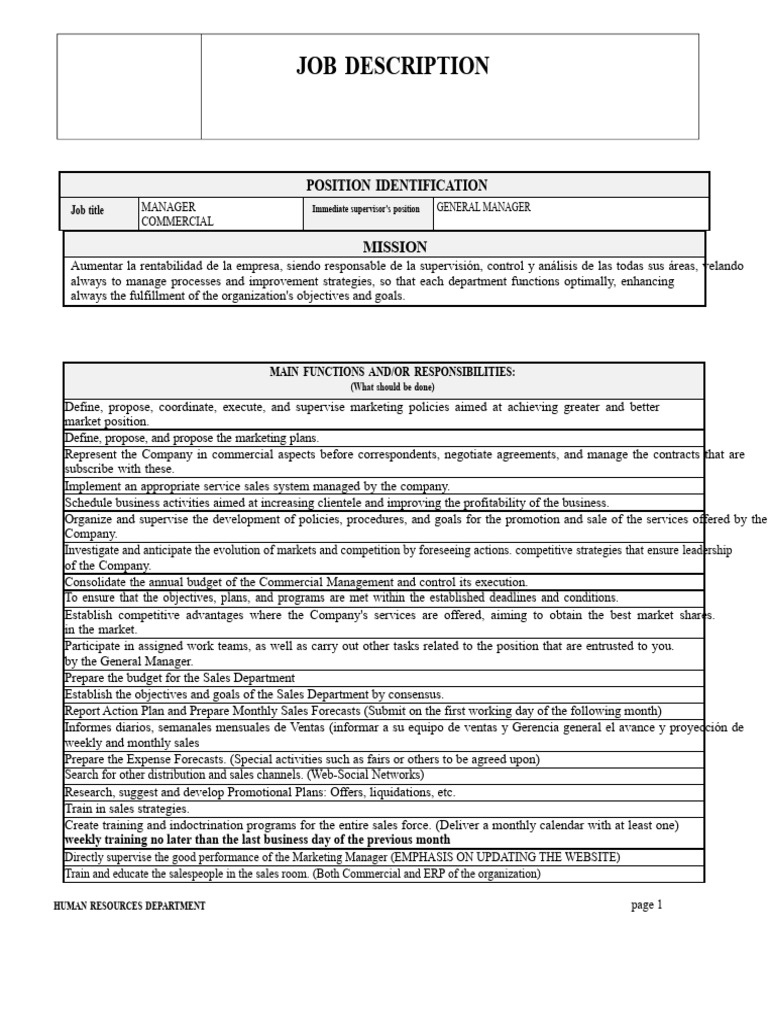 Commercial Manager Job Description | PDF | Sales | Leadership