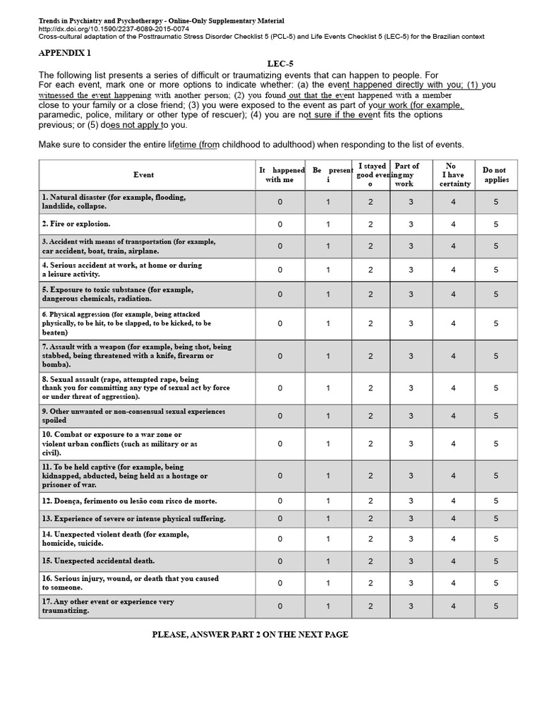 Cross-Cultural PTSD Checklist for Brazil | PDF | Psychological Trauma ...