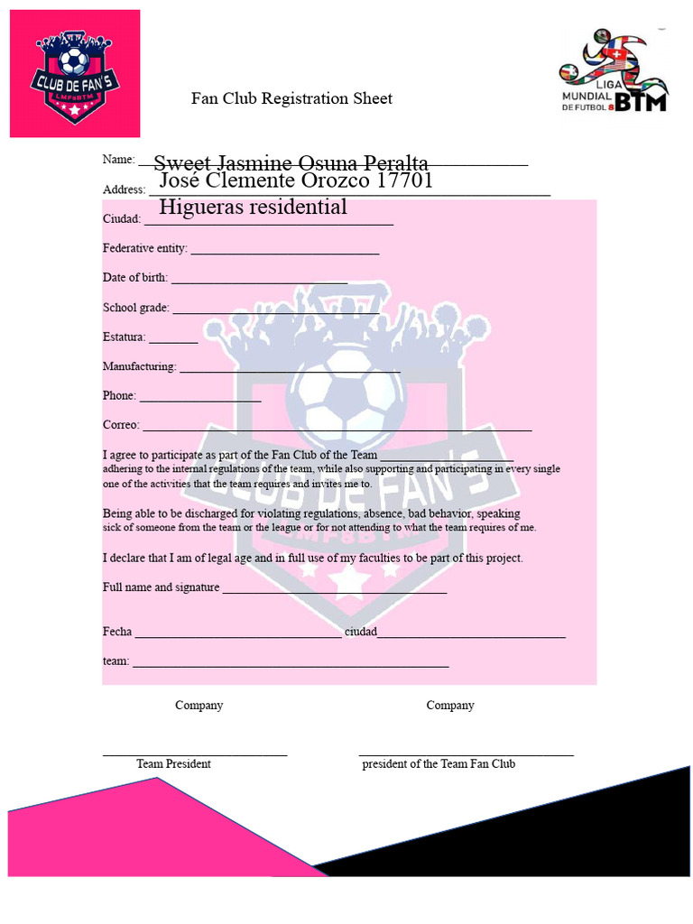 Fan Club Registration Sheet | PDF