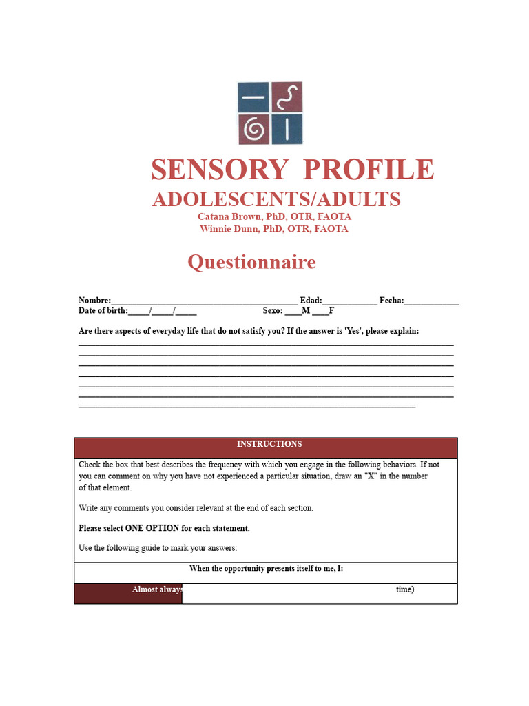 Sensory Profile Adolescents and Adults | PDF | Taste | Odor
