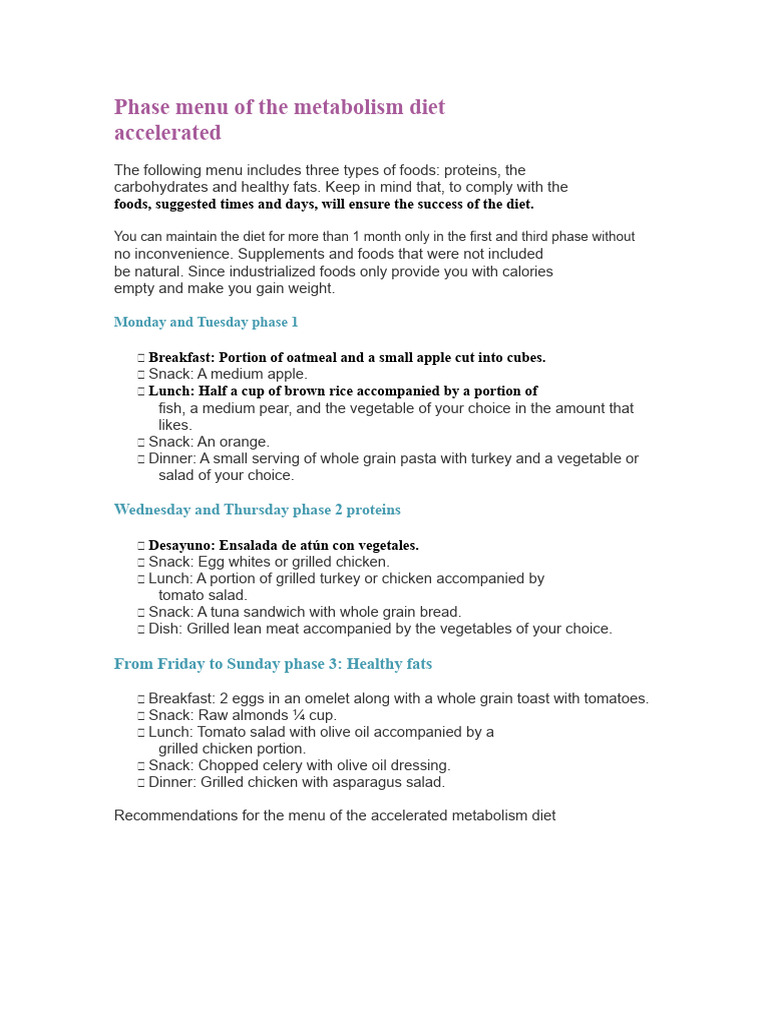 Accelerated Metabolism Diet Menu Guide | PDF | Dieting | Lunch