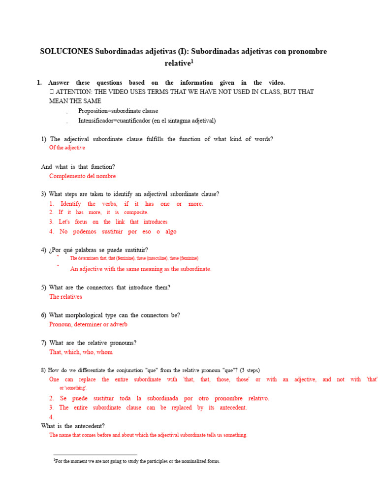 Adjective Subordinate Clauses With Relative Pronouns | PDF | Adjective ...