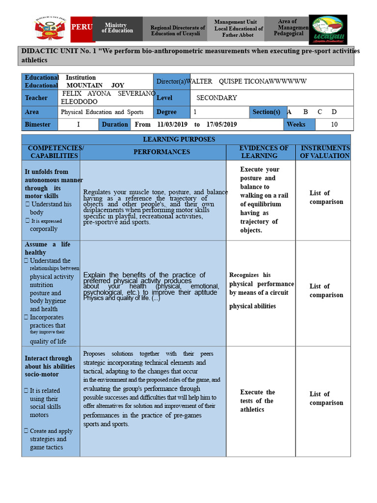 PHYSICAL EDUCATION UNIT FORMAT SECONDARY.docx | PDF | Classroom | Teachers