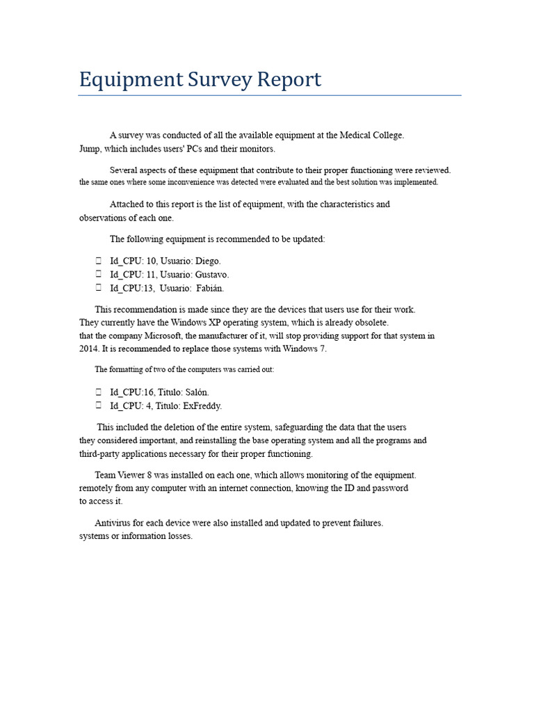 Equipment Survey Report | PDF