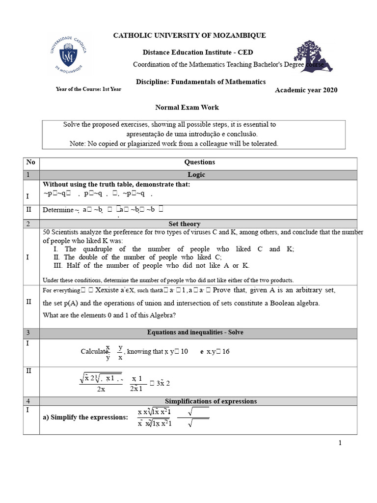 Normal Exam of Mathematics Fundamentals | PDF | Mathematics | Algebra
