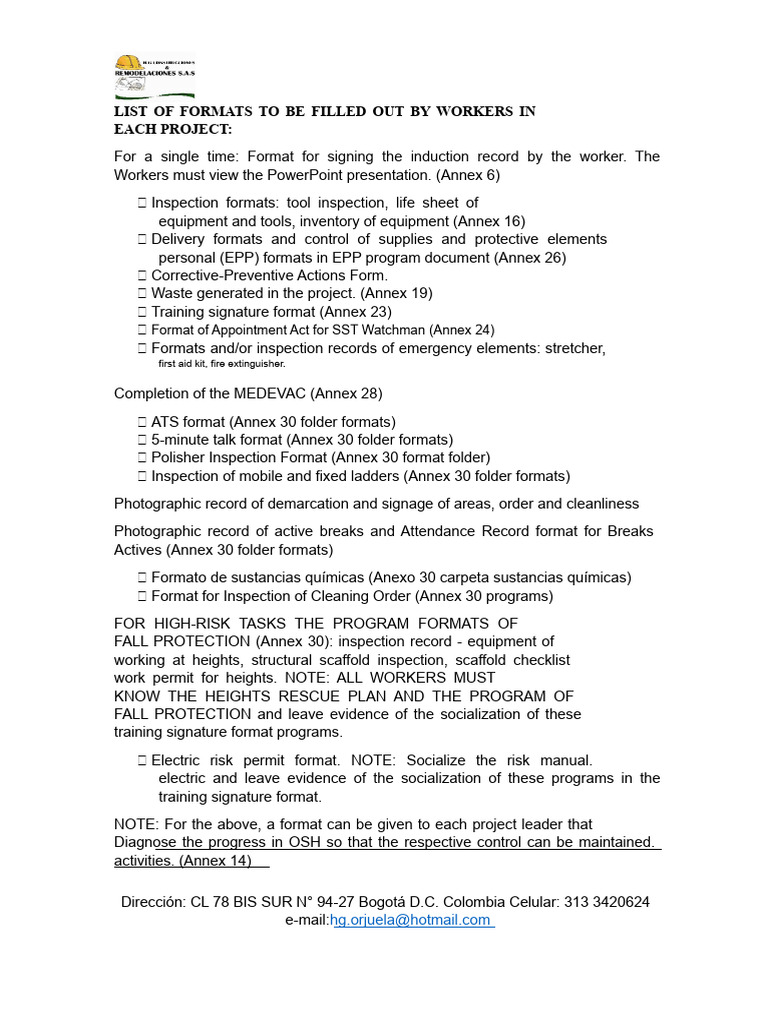 List of Formats to Fill Out on Site by Project | PDF
