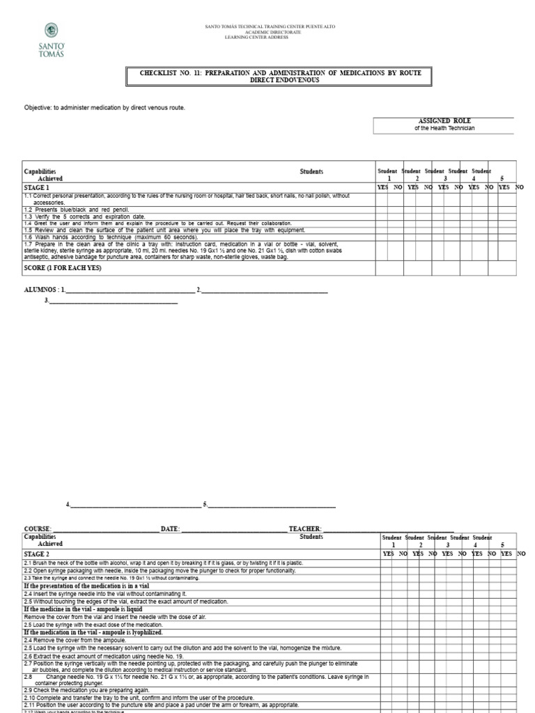 Checklist For Preparation and Administration of Medications Via Direct ...