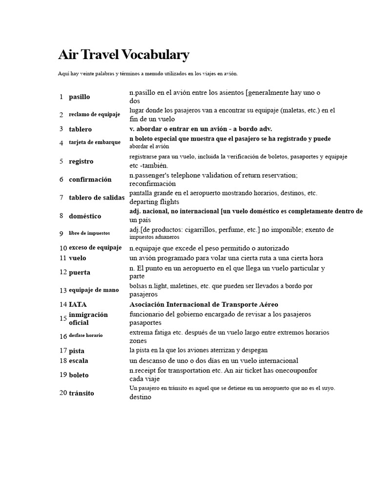 Vocabulario de Viaje Aéreo | PDF | Aeropuerto | Pasajero