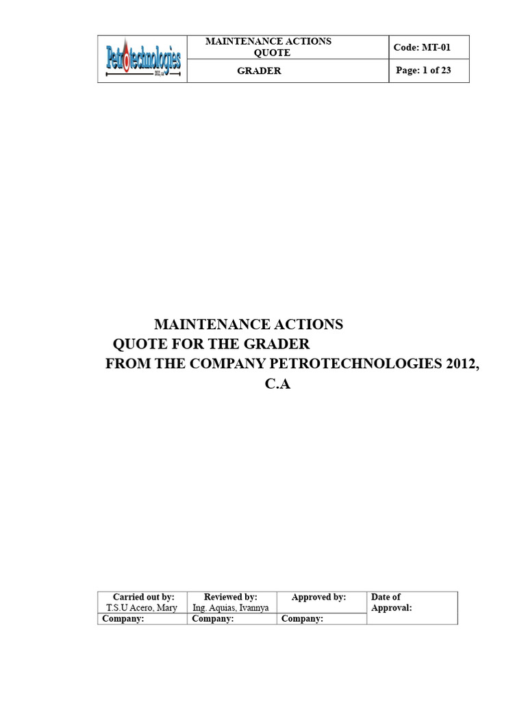 Maintenance Plan For A Grader | PDF | Mechanical Engineering