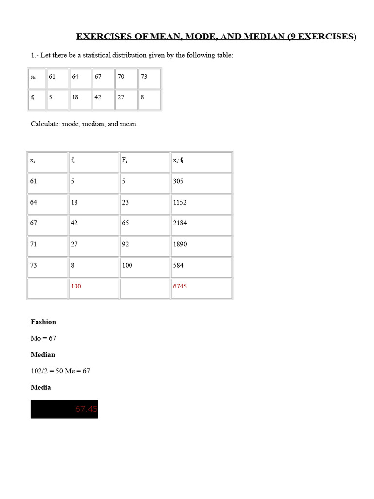 EXERCISES ON MEAN, MODE, AND MEDIAN (9 EXER).doc | PDF | Mean | Median