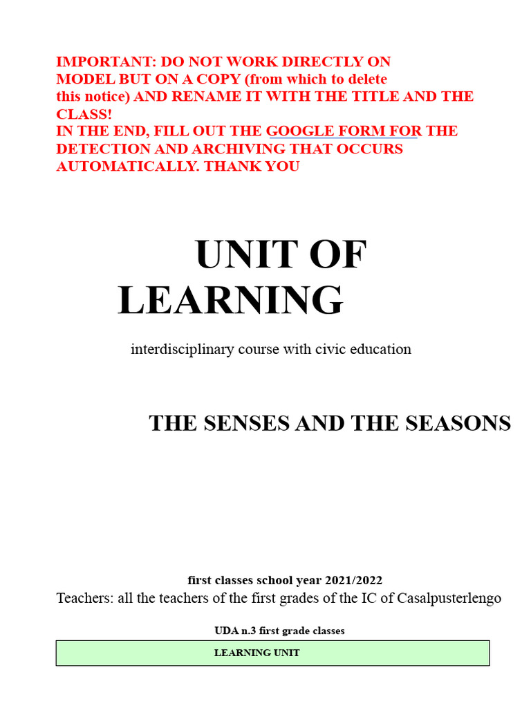 Uda 3 The Senses and The Seasons Primary Class A.S. 2021-2022 | PDF ...