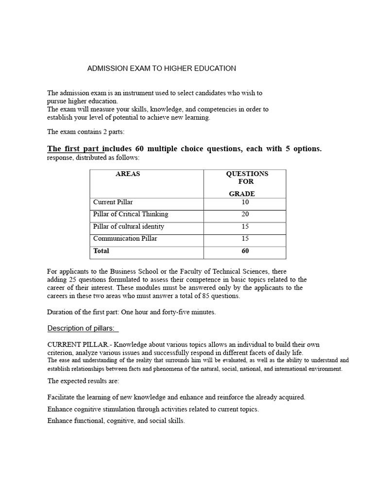 Instruction Manual For Admission Exam To Higher Education | PDF ...