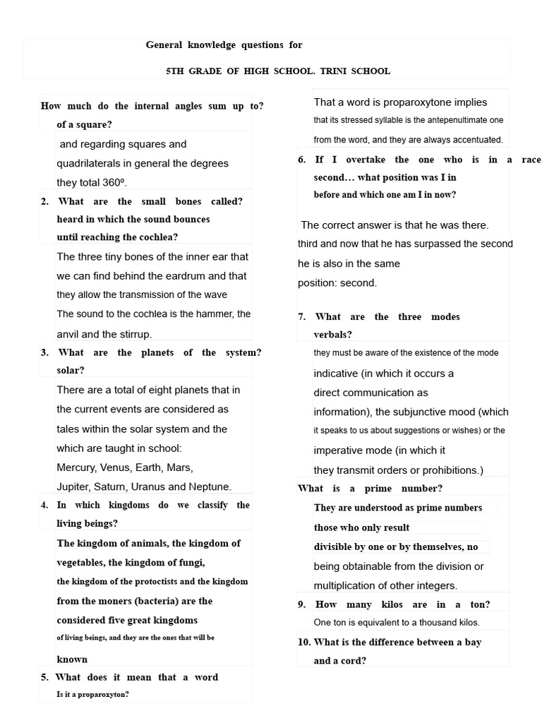 GENERAL CULTURE QUESTIONS FOR 5th Grade | PDF | Spain